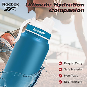 Reebok Stainless Steel Water Bottle With Athletic Design - Insulated Water Bottle 32 oz With Chug Lid - Double Wall Vacuum Insulated Sports Water Bottle, BPA Free (Blue)