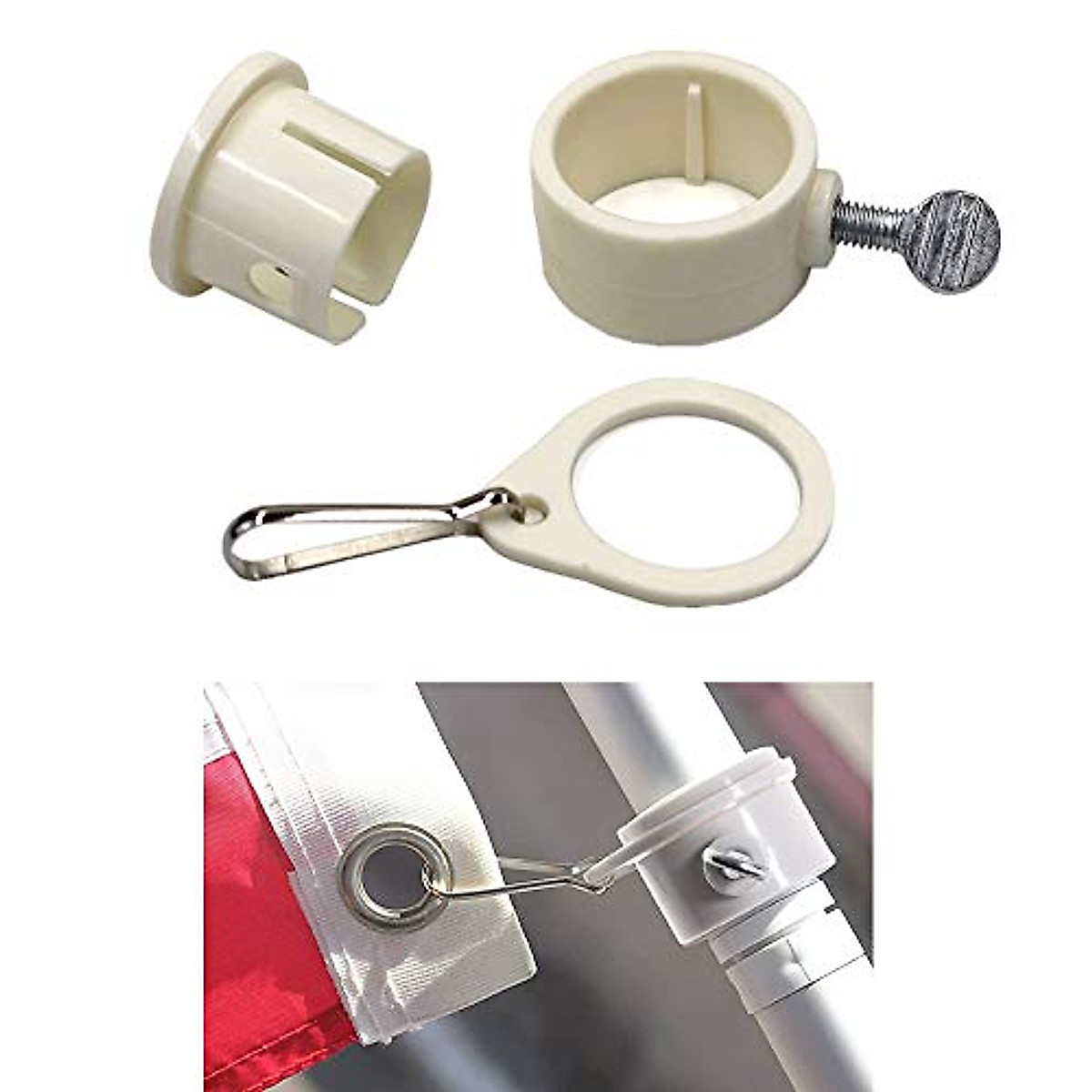 Tangle Free Flag Pole Mounting Ring Clip - Rotating Flapole Mounting Rings with Metal Clips 360 Degree Free Rotating Adjustable Fasteners 1 Pair (White 1 Inch)