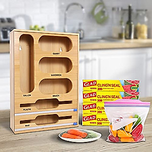 Ziplock Bag Organizer, 6 in 1 Bamboo Food Storage Bag for Kitchen Drawer or Wall Mount, Cling Film Dispenser with Slide Cutter, Multipurpose Bag Holder Box Suitable for Wax Variety Size Bags
