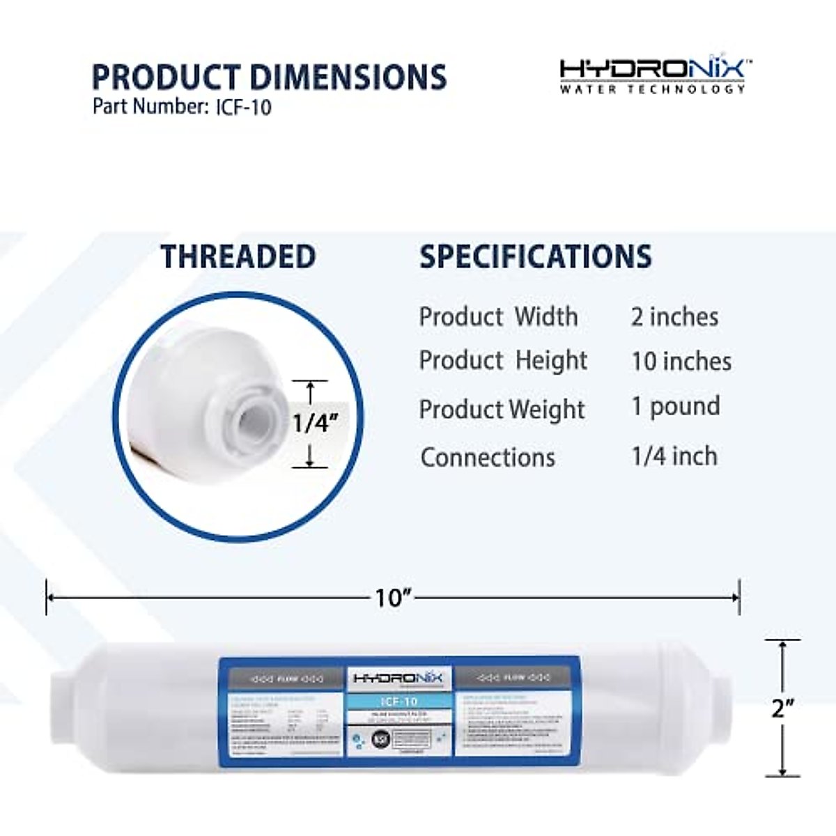 Hydronix ICF-10 Inline Post Activated Carbon Water Filter Replacement Cartridge with 1/4-Inch NPT for Refrigerator, Ice Maker, RO Reverse Osmosis System, 2000 Gallons - 1 Year Capacity (3 Pack)