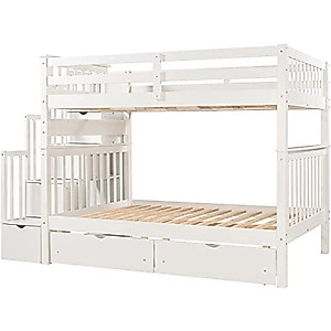 Harper & Bright Designs Full Over Full Bunk Bed with Stairs for Adults,Wooden Full Bunk Beds with 6 Storage Drawers and Shelves, Detachable Full Size Bunk Beds for Teens,Kids,Boys & Girls,White