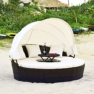 HAPPYGRILL Patio Round Daybed with Retractable Canopy & Coffee Table, Outdoor Wicker Rattan Sectional Sofa with Cushions, Patio Conversation Set for Lawn Garden Backyard Poolside