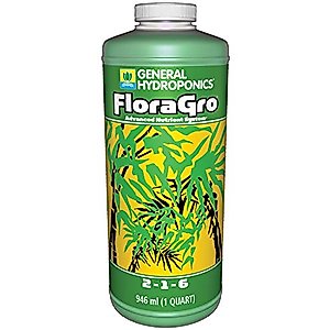 General Hydroponics FloraGro 2-1-6, Use With FloraMicro & FloraBloom, Provides Nutrients For Structural & Foliar Growth, Ideal For Hydroponics, 1-Quart