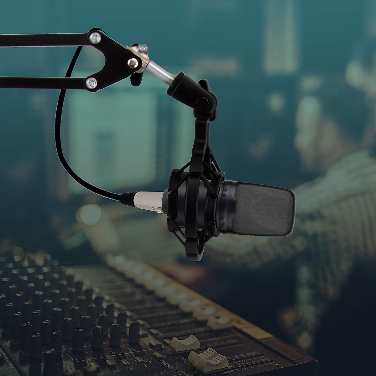 Pyle Suspension Microphone Boom Stand, Simple Clamp-Style Installation, Desktop Scissor Spring Arm Mic Stand w/ Shock Mount, Quick Setup & attached, Maximum Mic Arm Extension Dst= 2.26' ft.(PMKSH01)