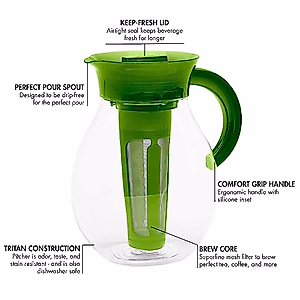 Primula The Big Iced Tea Maker and Infuser, Plastic Beverage Pitcher with Leak Proof, Airtight Lid, Fine Mesh Reusable Filter, Made without BPA, Dishwasher Safe, Green