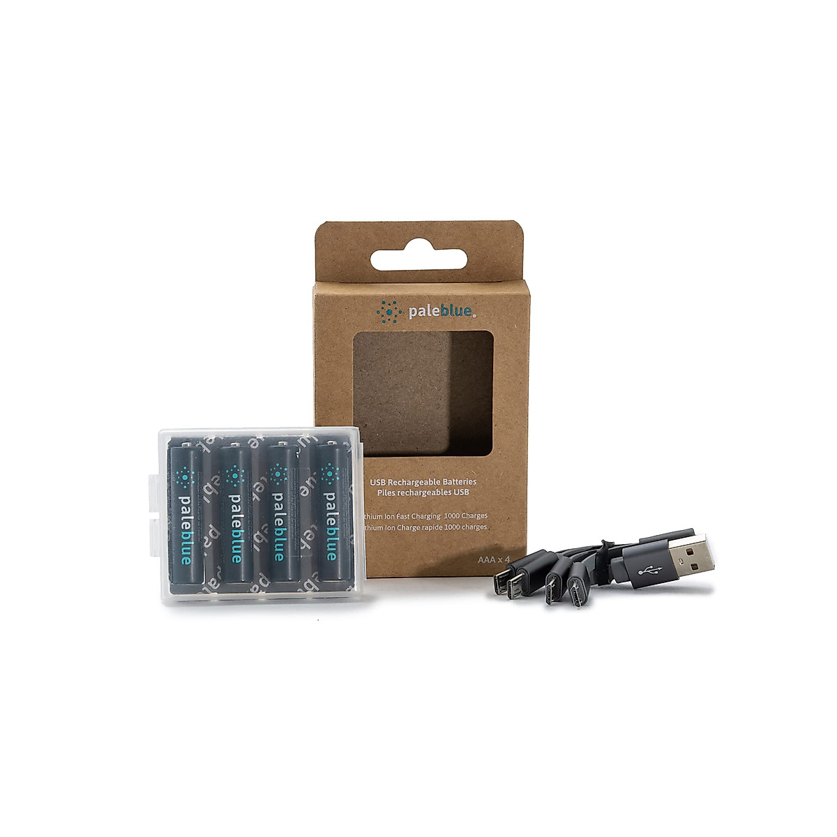 USB Rechargeable AAA Batteries by Pale Blue, Lithium Ion 1.5v 750 mAh, Charges Under 1 Hour, Over 1000 Cycles, 4-in-1 USB to Micro USB Charging Cable, LED Charge Indicator, 12-Pack