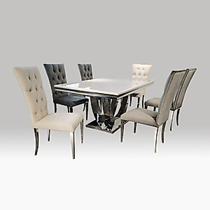 Simple Relax Rectangle Faux Marble Top Dining Table, White and Chrome