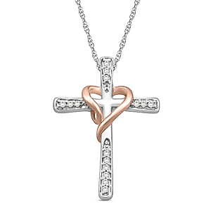 Jewelili Cross Heart Necklace Pendant in Rose Gold Over Sterling Silver with 1/10 CTTW Natural White Round Diamonds and 18 inch Rope Chain