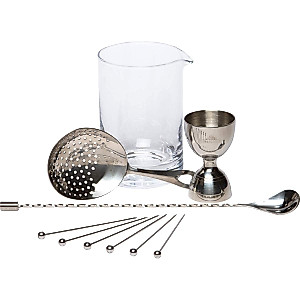 A Bar Above Diamond Cut Mixing Glass + 10pc Bar Set (Silver Bundle) - Professional Bar Mixing Glass + 10 Piece Stirred Craft Cocktail Set w/Mixing Glass, Bar Spoon, Bell Jigger, Cocktail Picks & More