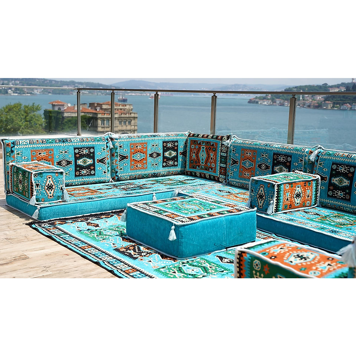 Light Blue Floor Seating Set, Corner Floor Sofa Set, Arabic Majlis, U Shaped Arabic Sofa Set, Sectional Sofas, Floor Cushions, Arabic Jalsa (U Sofa Full Set)