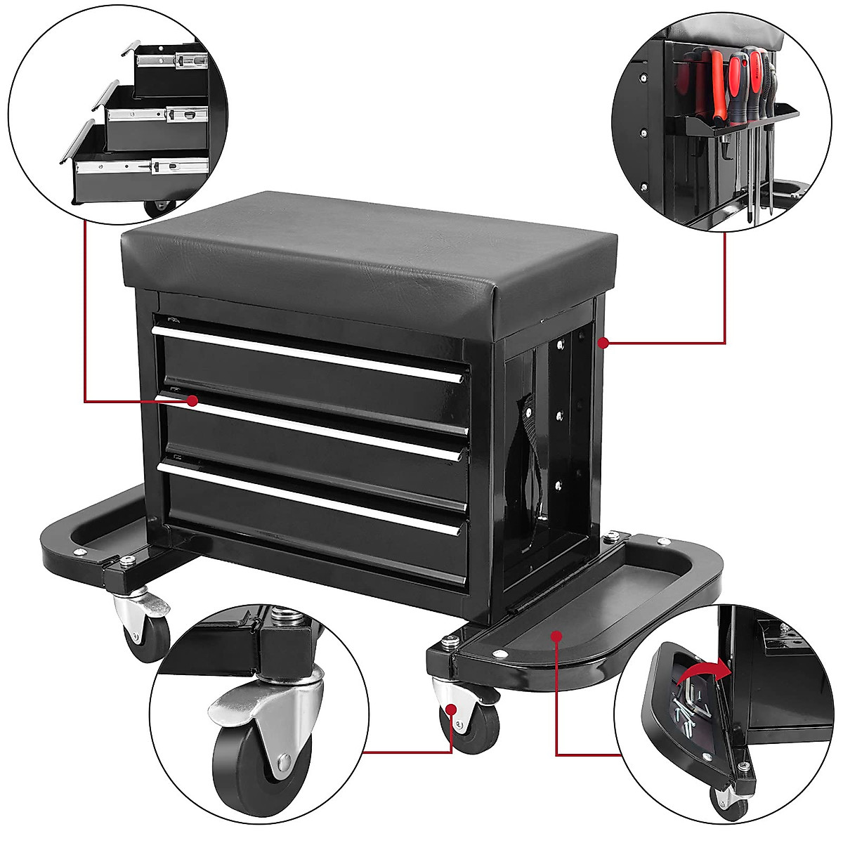 Torin APD2018B Rolling Tool Chest/Tool Box with 3 Drawers and Wheels, Padded Mechanic Stool Creeper Seat, Black