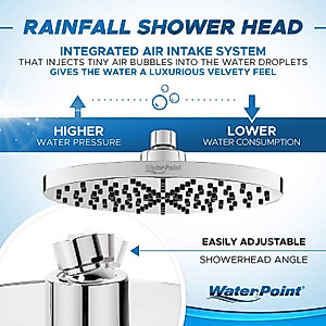 8 Inch Rainfall Shower Head by WaterPoint - Large High Pressure Water Saving Showerhead - Brass Swivel Ball and Polished Chrome Finish