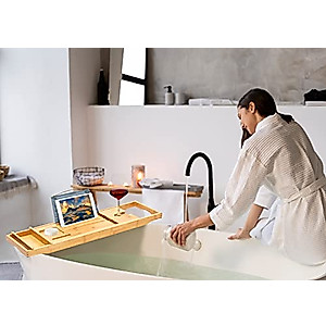 RoyalHouse Bamboo Bathtub Caddy Tray, Expandable Bath Table Over Tub with Glass Book, Adjustable Organizer Tray for Bathroom, Wine and Phone Holder, Ideal Gift for Family & Friends (Pack 2)