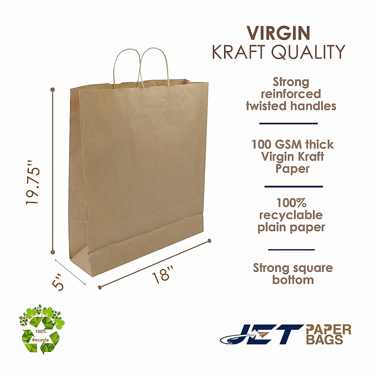 JET PAPER BAGS - 18x5x19.75 Inch [50 Pcs] Large Brown Paper Bags with Handles Prime for Takeout, Grocery, Goody, Retail, Party, Gifts, Weddings - Recyclable Kraft Paper Gift Bags with Handles