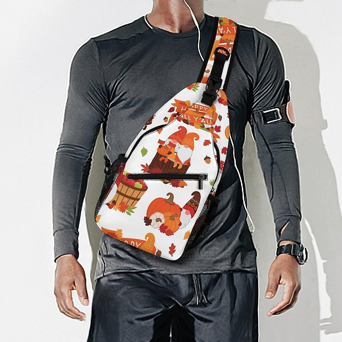 MoBlinko Sling Bag Cute Autumn Gnome Pumpkin Women Men Crossbody Bag Happy Fall Y'all Adjustable Sling Backpack Chest Bag for Hiking