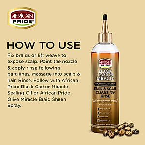 African Pride Black Castor Miracle Braid & Scalp Cleansing Rinse - Removes Hair Build Up & Soothes Scalp, No Frizz, Contains Black Castor Oil, Micellar Water, Coconut Oil, Peppermint Oil, 12 oz