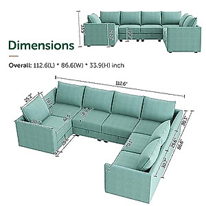HONBAY Reversible Modular Couch Modern Polyester Sectional Sofa with Chaise & Storage Seat 112'' U-Shaped Couch for Living Room, Aqua Blue