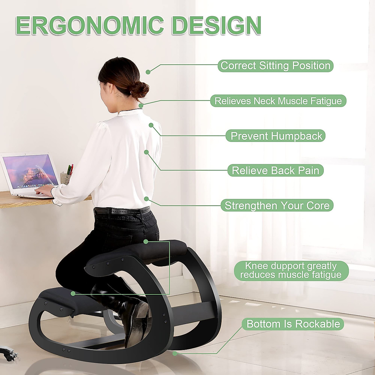 Predawn Ergonomic Kneeling Chair, Rocking Chair Stool, Knee Chair, Posture Chair for Home Office Meditation Wooden & Linen Cushion-Office Desk Chair for Back Neck Pain Relief & Improving (Black)