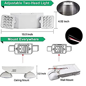 LED Emergency Light Fixture, Commercial Emergency Lights with Battery Backup, Square Two Head Adjustable LED Emergency Light for Power Failure Business, Emergency Exit Light AC 110V-277V 6 Pack