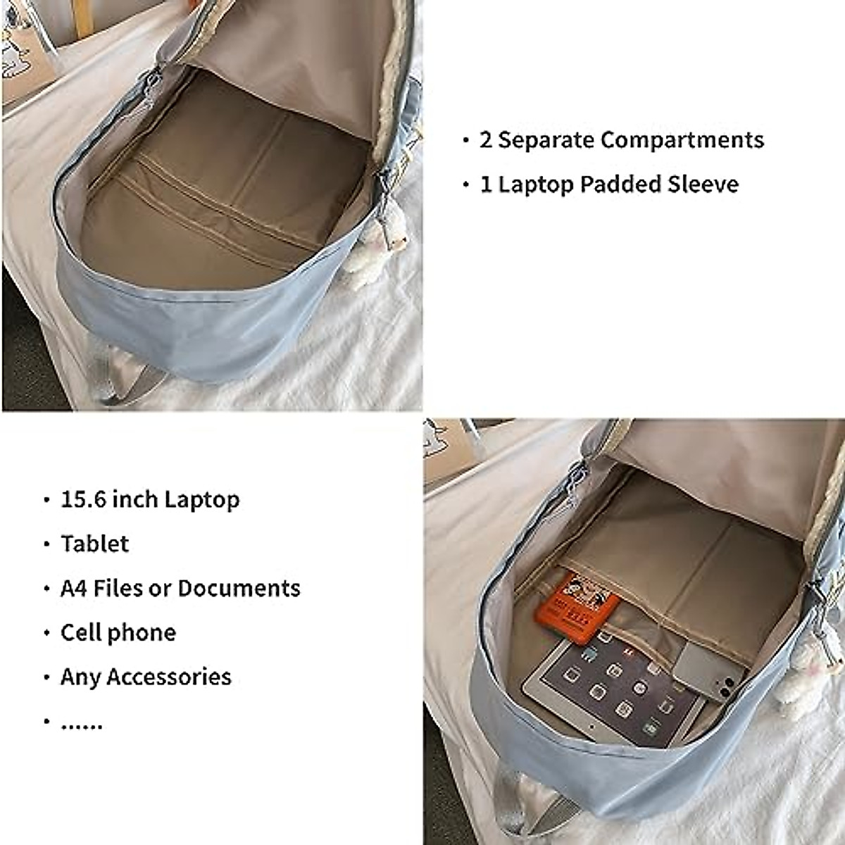 BILIPOPX Kawaii Backpack with Cute Accessories Aesthetic 15.6 Inch Laptop Backpack Pin Plush Pendant (Black,Single Backpack)