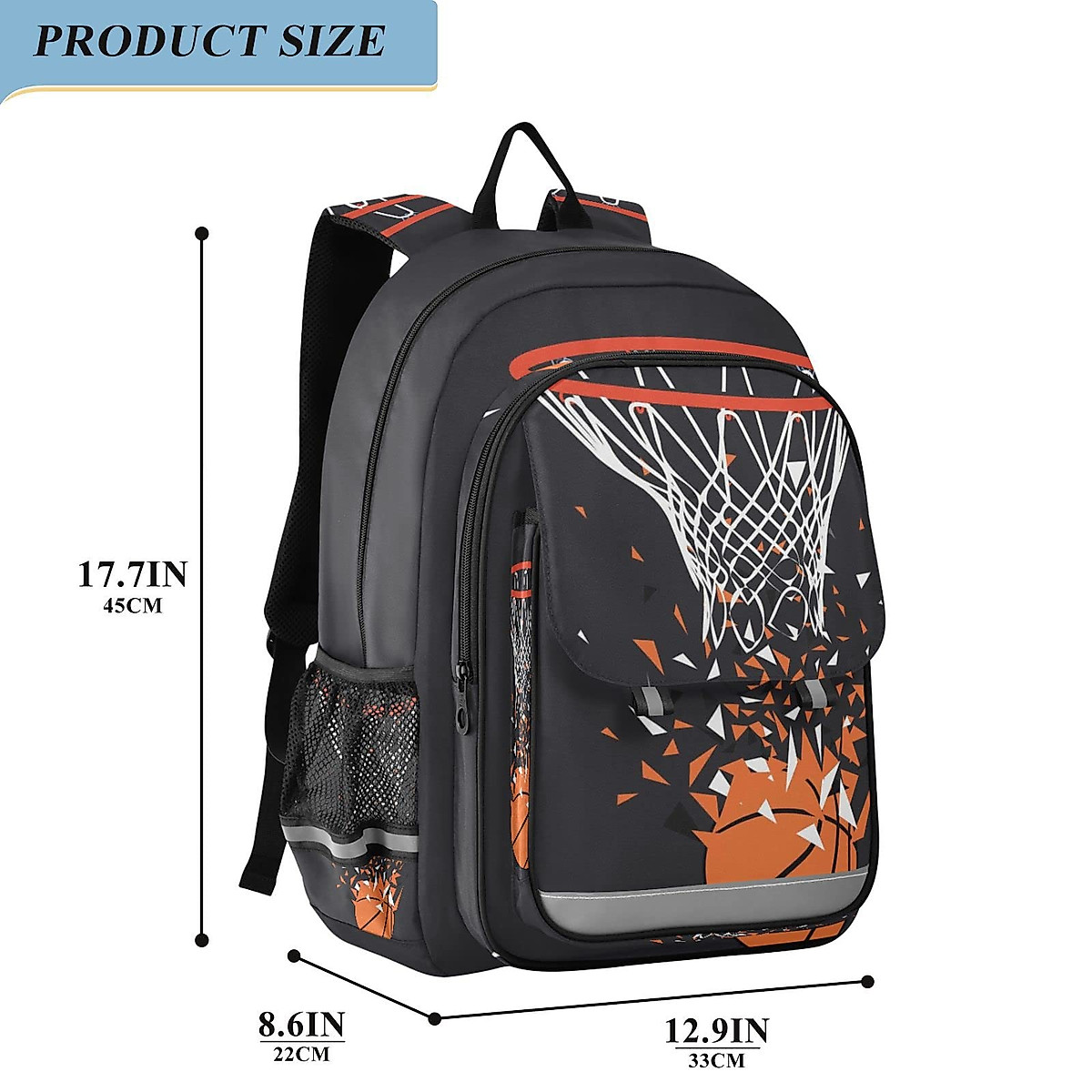 Glaphy Basketball Sports School Backpack Lightweight Laptop Backpack Student Travel Daypack with Reflective Stripes