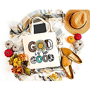 GXVUIS God is So Good Canvas Tote Bag for Women Aesthetic Sunflower Leopard Print Boho Reusable Shopping Bag Christian Gift White