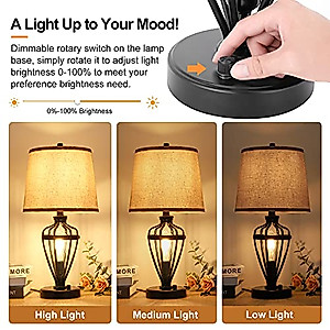 TRLIFE Table Lamps, Set of 2 Fully Dimmable Table Lamps with 2 USB Ports Nightstand Lamps with Fabric Lampshade for Living Room Bedroom(4 Dimmable Bulbs Included)