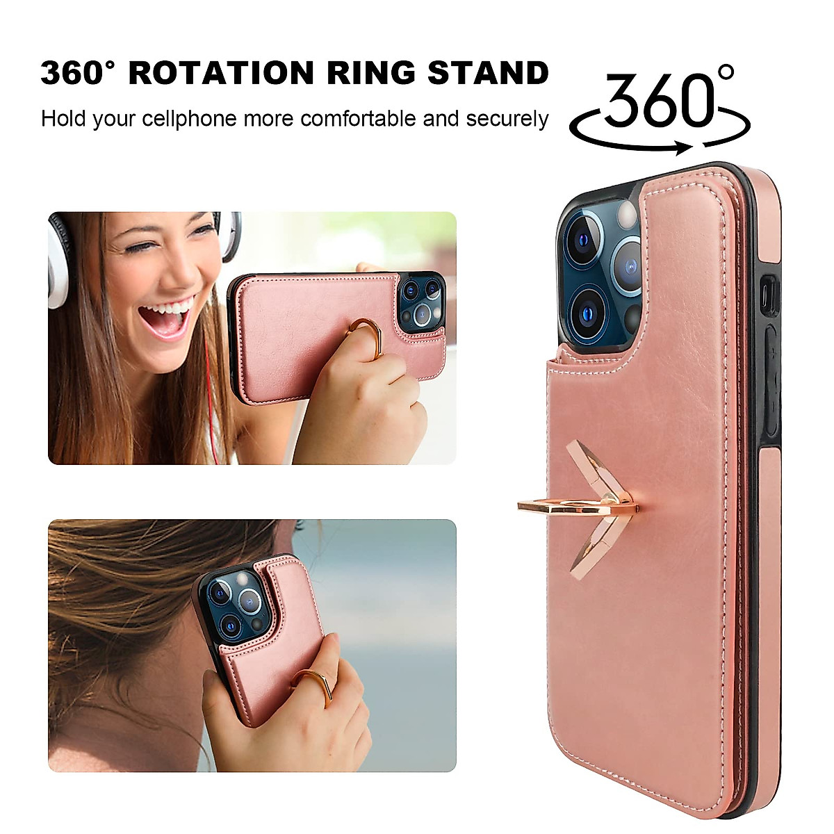 Onetop for iPhone 13 Pro Max Wallet Case with Card Holder, 360° Rotation Ring Kickstand RFID Blocking PU Leather Double Magnetic Clasp Shockproof Cover for Women and Girls 6.7 Inch (Rose Gold)