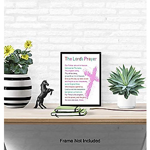 Lords Prayer Bible Verse Wall Art - Religious Scripture Girls Bedroom Decor - Christian Daughter Gifts for Toddler, Baby Girls Room - Blessed Church Sunday School Kids Decorations - Pink Cross Poster