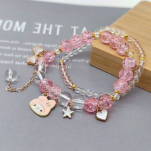WodJaoy Kawaii Bracelet Set Cute Bracelets for Elastic Beaded Bracelets Aesthetic Friendship Kawaii Jewelry with Cartoon Pendant - Pink Melod