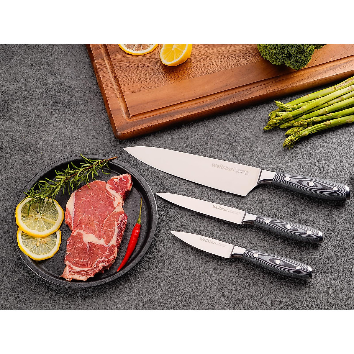 WELLSTAR Pro-Grade 3-Piece Chef Knife Set - Razor-Sharp High-Carbon Steel for Culinary Mastery at Home or Pro Kitchens