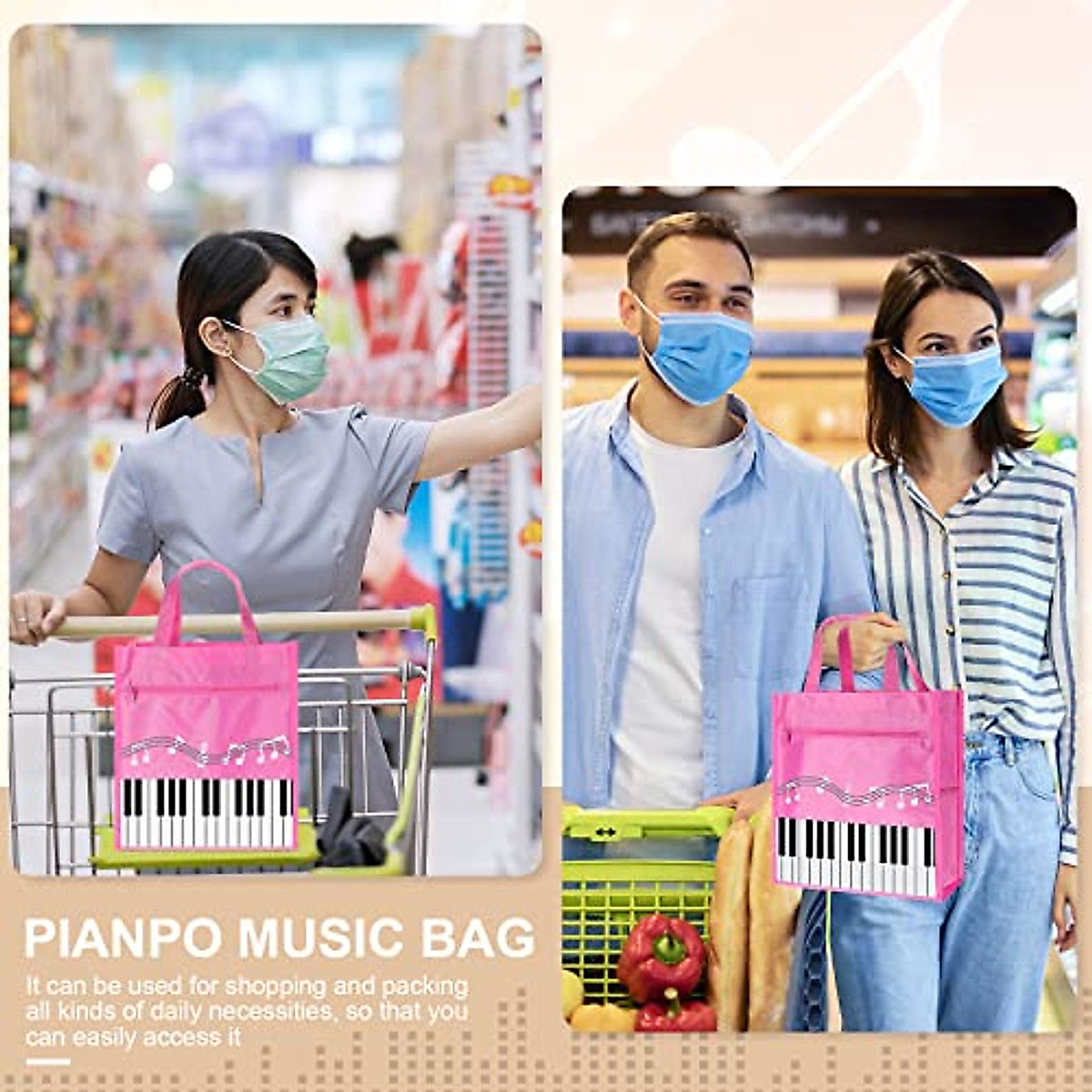 Cunno 2 Pcs Piano Keys Handbag Small Piano Music Bag Reusable Tote Bag Shoulder Shopping Bag Book Bag Tote for Piano Music Teacher Gifts