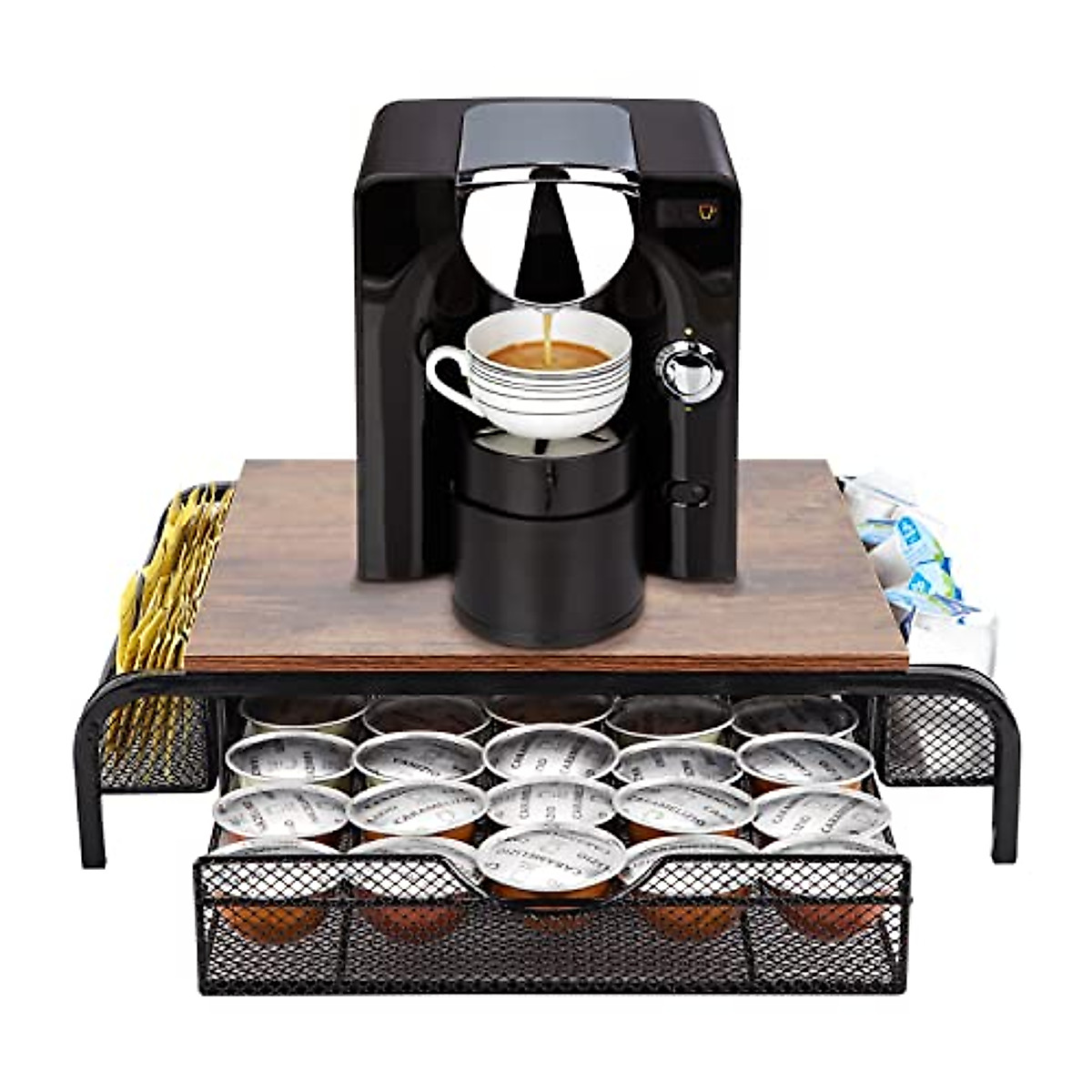 Lyeasw Rustic Coffee Pod Holder for K Cups, 30 Capacity Capsule Storage Drawer with Side Baskets Organizer for Coffee Station, Brown
