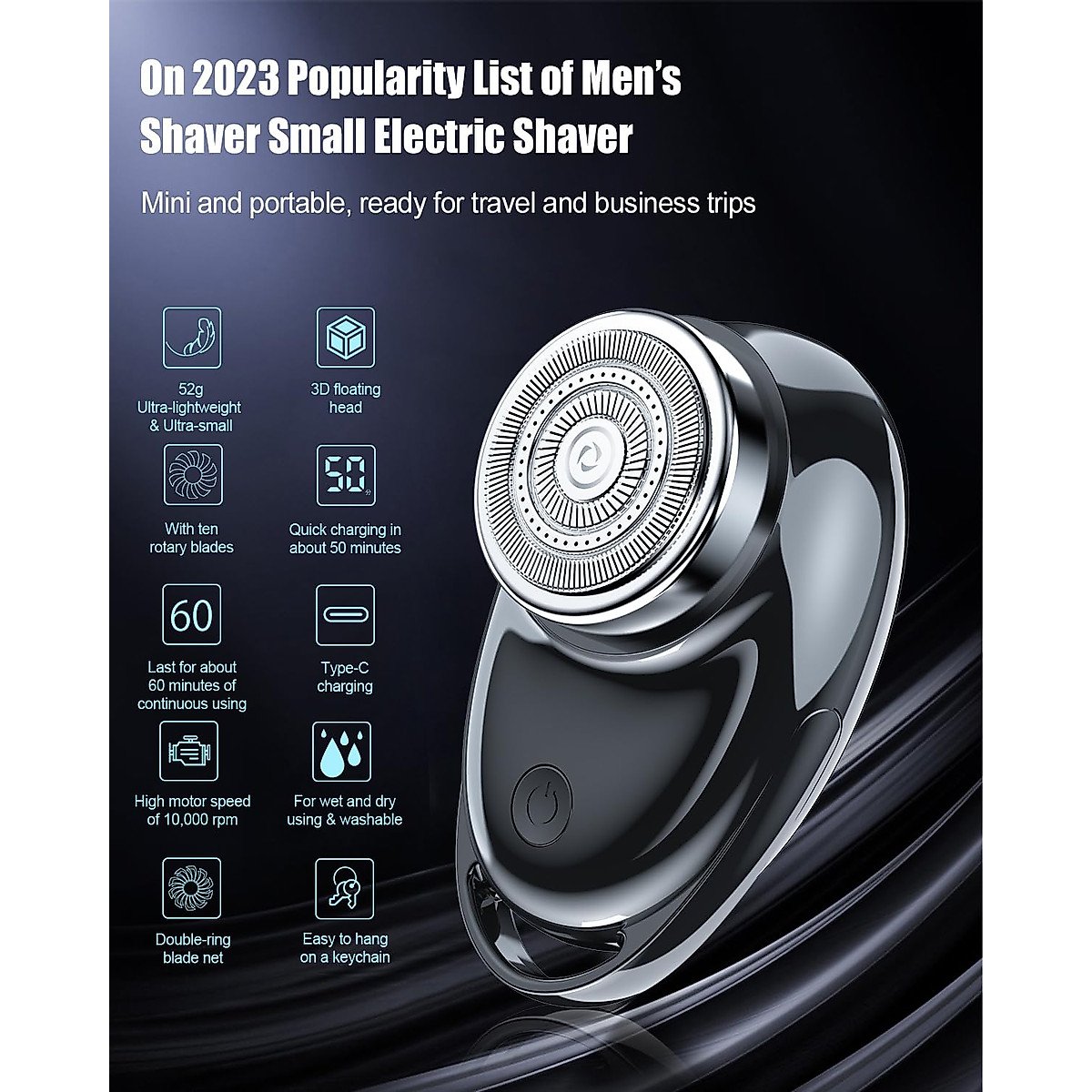 Electric Shaver One-Button Use Electric Razor for Men Rotary Portable Mini Shaver Pocket Size, Rechargeable, Wet&Dry, IPX6 Waterproof, Travel, Home, Office, Car (Black)