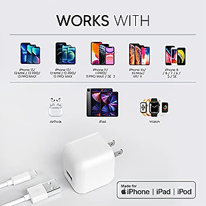 TalkWorks USB Cable Compatible w/ iPhone 14/14 Plus/14 Pro/14 Pro Max, 13/Mini/Pro/Pro Max, 12/Mini/Pro/ProMax, Phone, AirPods, iPad - 5' Lightning Cable Wall Charger Adapter - MFI Certified (White)