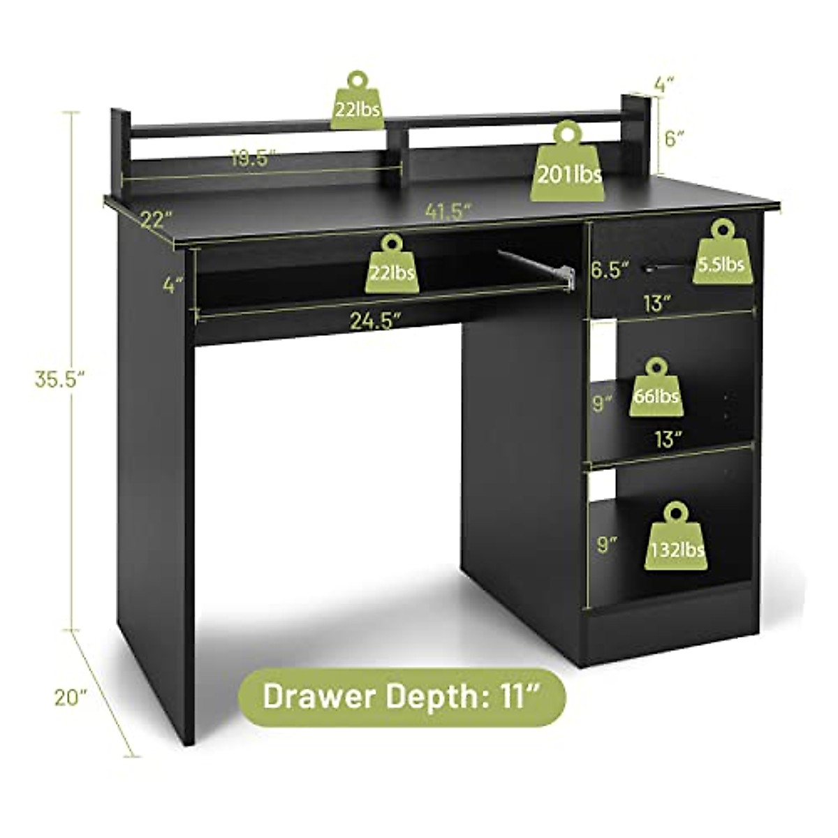 Tangkula Computer Desk with Drawer & Keyboard Tray, Modern Study Writing Desk with Desktop Hutch & Storage Shelves, Home Office Wooden PC Laptop Desk, Desk for Bedroom