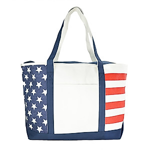 DALIX Striped Boat Bag Premium Cotton Canvas Tote Black, Red, Pink, Navy Blue, Purple (Stars-Stripes)