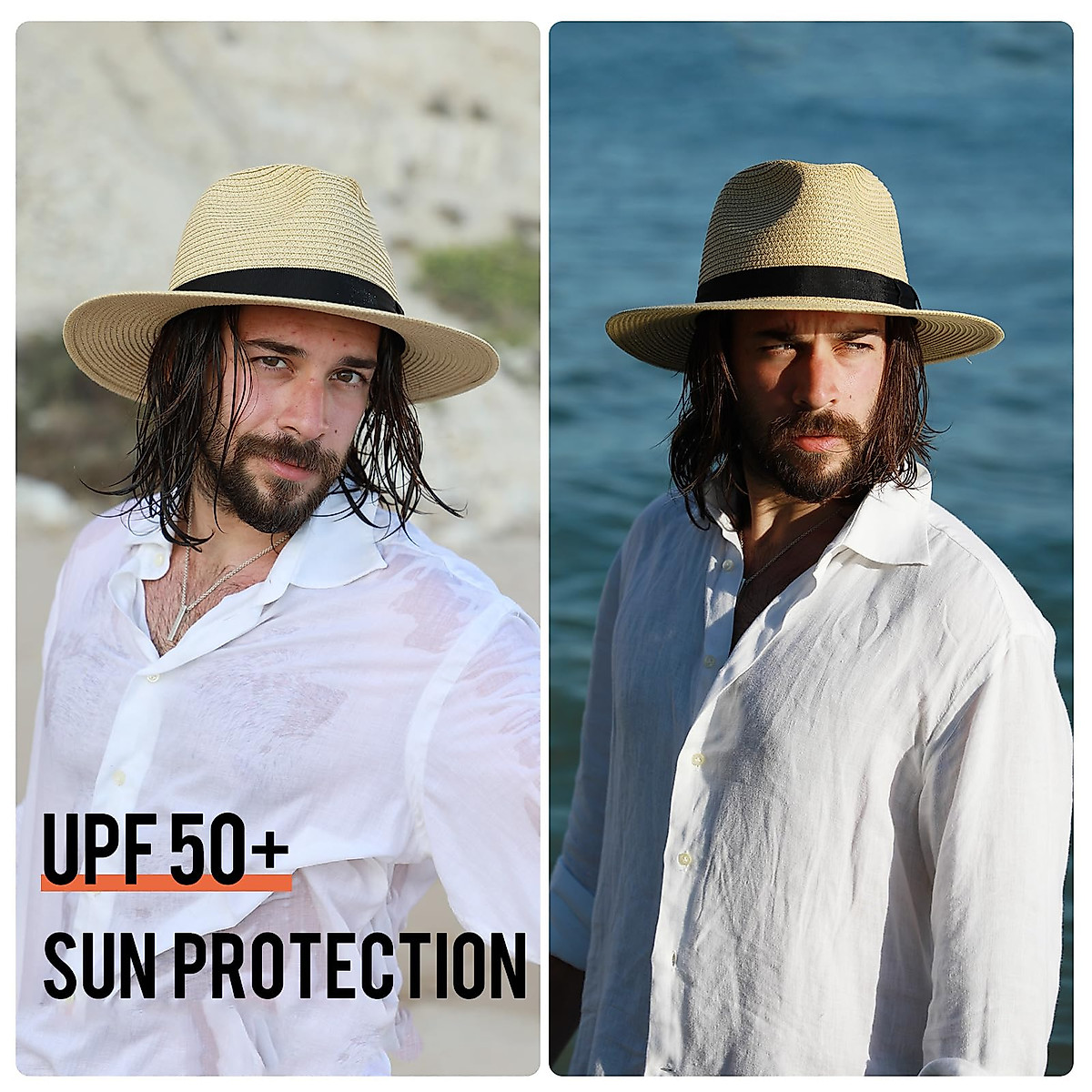 Comhats Men Sun Straw Fedora Hat for Women,Packable Beach Hat Wide Brim Panama Hat UV UPF 50+ Summer Hat Unisex Beige Large XXL