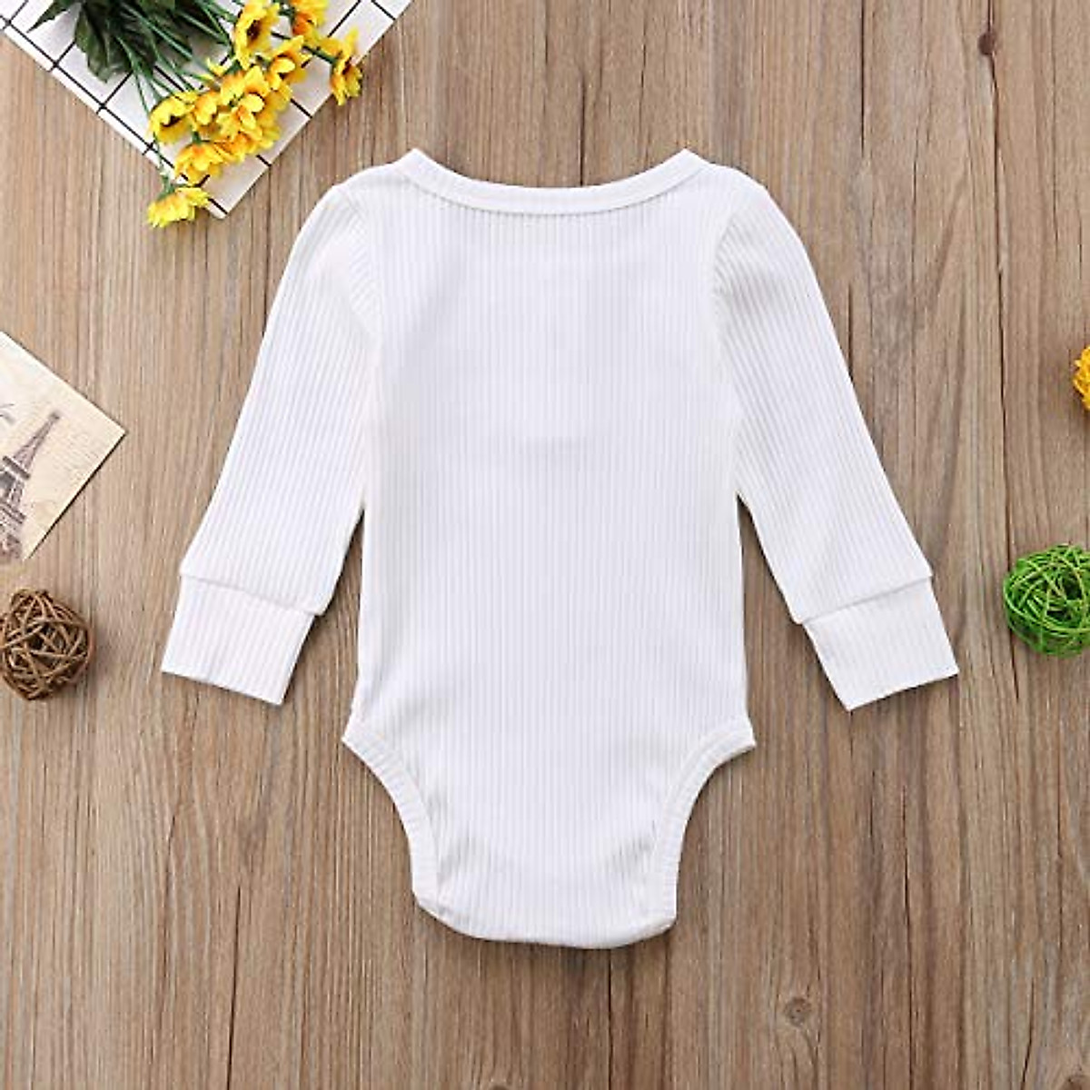 Seyurigaoka Newborn Unisex Baby Solid Bodysuit Basic Plain Rib Stitch Long Sleeve Romper Clothes for Infant Boy Girl (White, 6-12 Months)