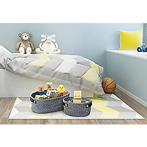 2 Pack Storage Rope Basket with Handle for Books, Magazines, Toys, Nursery, Bedroom, Living Room, Spa Soft Woven Bins (DARK BLUE)