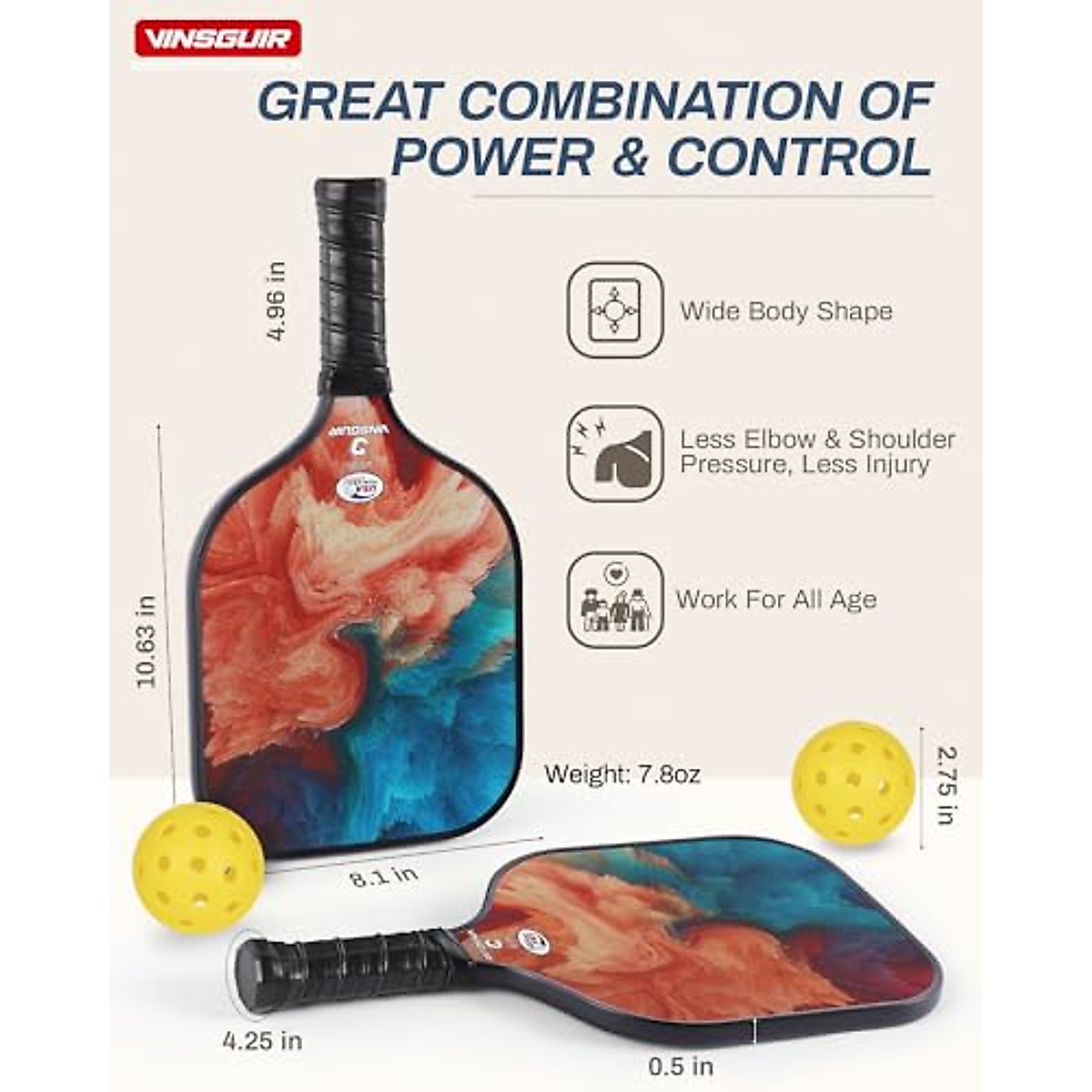 VINSGUIR Pickleball Paddles Set of 2, USAPA Approved Fiberglass Surface, Pickleball Rackets with Balls and Bag, Gifts for Women & Men