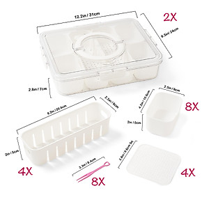 Gorgania 2 Pack Divided Serving Tray with Lid and Handle, Travel Snack Box Charcuterie Container for Portable Snack Platter, 8+4 Compartments Stackable Clear Snack Tray for Veggie, Candy, Nuts