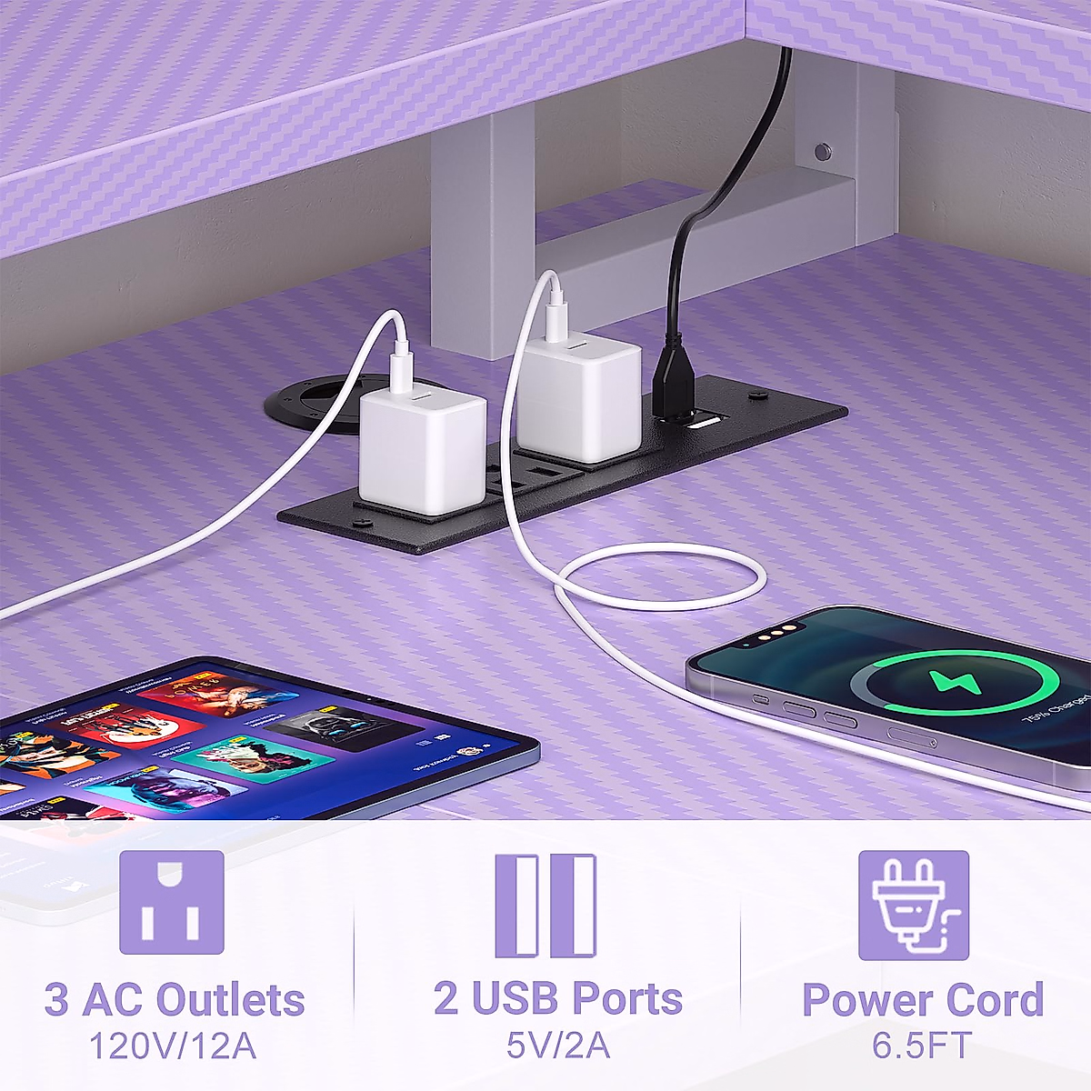 armocity L Shaped Computer Desk with Power Outlets, Gaming LED Lights, Corner Storage Shelves, Work Study for Bedroom, Home Office Small Spaces, 47'', Carbon Fiber Purple