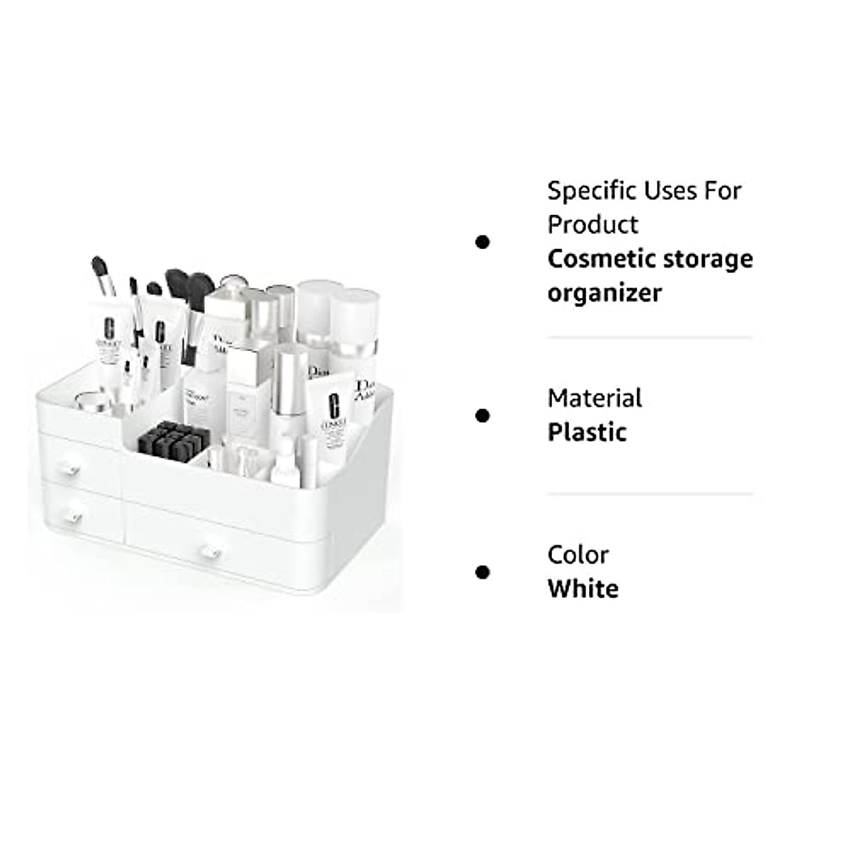 Makeup Organizer Storage with Drawers, Cosmetic Display Case for Brushes, Lotions, Perfumes, Eyeshadow, Nail Polish Ideal for Bathroom, Dresser, Countertop (White)