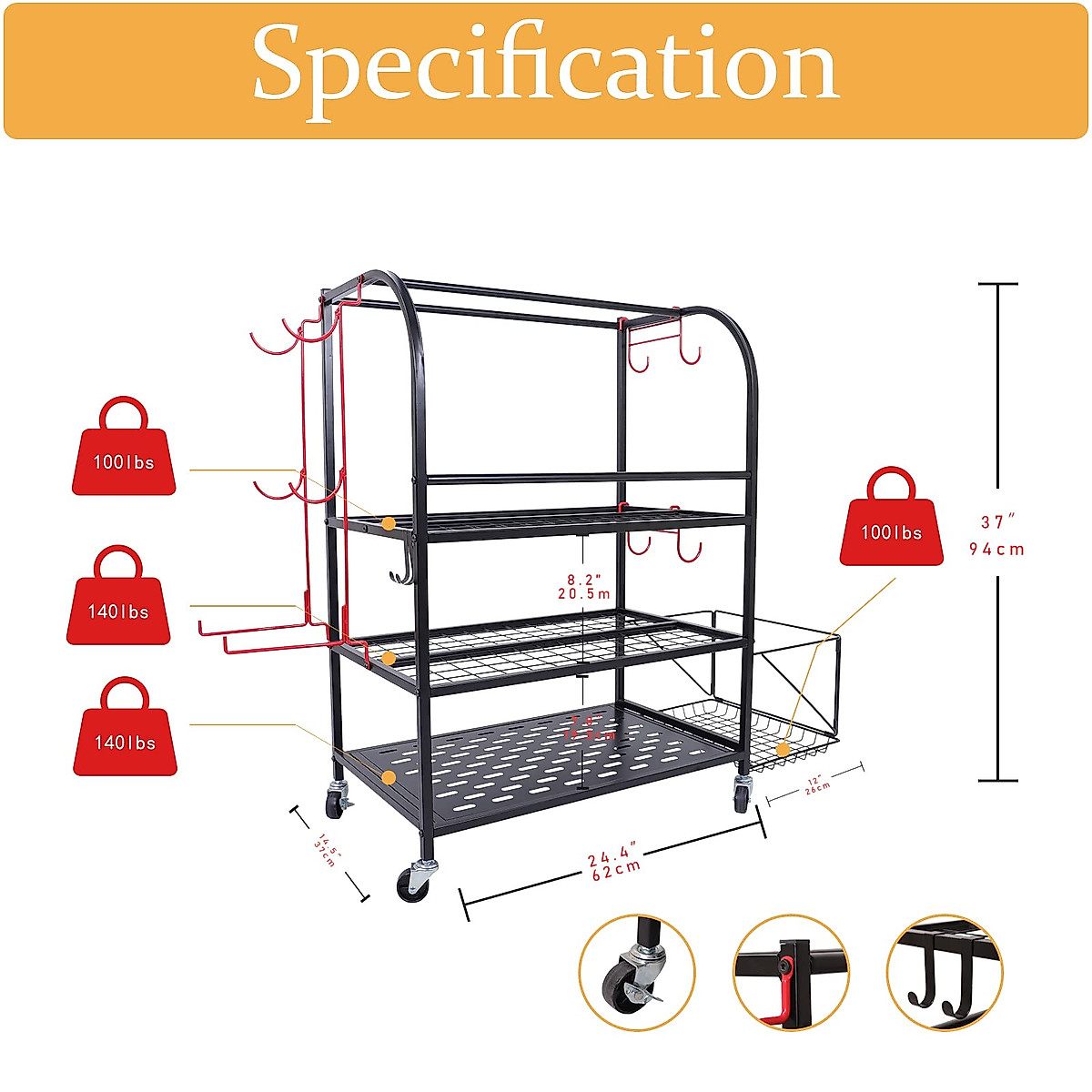 RM FOLD ART Weight Rack for Dumbbells, Yoga Mat Holder Dummbbells Rack for Kettlebells Foam Rollers and More Gym Accessories, Home Gym Equipment Storage Organizer with Wheels and Basket