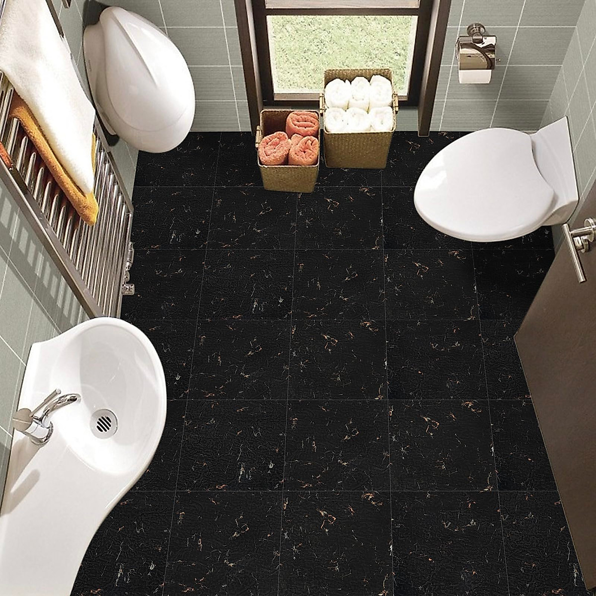 Peel and Stick Floor Tile Waterproof for Bathroom, Peel and Stick Flooring Black Marble Look, Self-Adhesive and Durable Vinyl Flooring, Transform for Kitchen Living Room and Laundry Room,1.5MM(10 PCS)