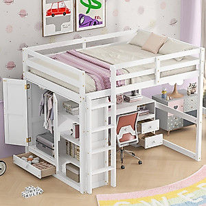 Full Size Loft Bed with Wardrobe and Desk, Wood Loft Bed Frame with Storage Shelves and Drawers for Adults Teens and Kids, White