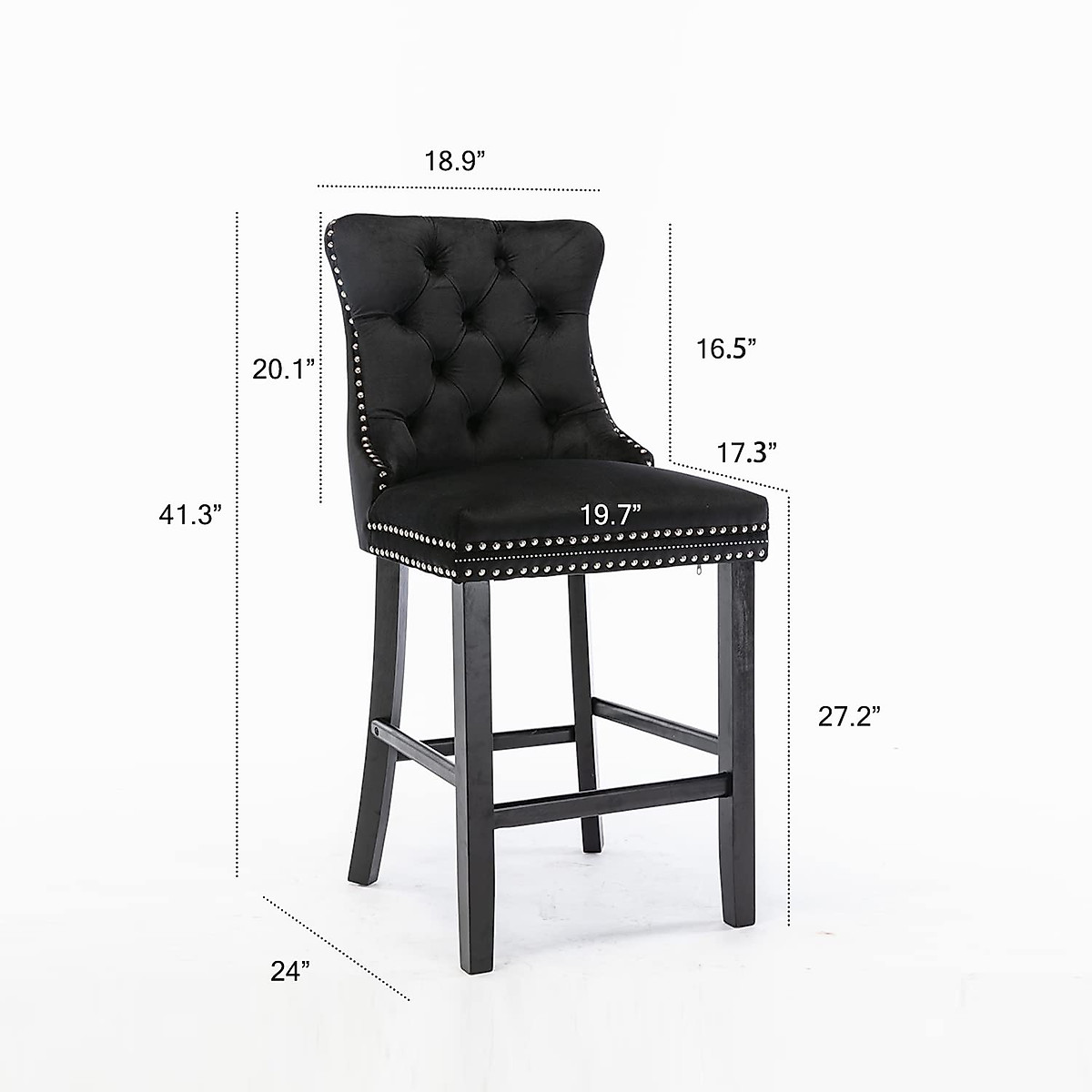 Kiztir Counter Height Bar Chairs Set of 2, 27" Modern Velvet Bar Stools with Button Decor, Nailhead Trim, Solid Wooden Legs, Beige Upholstered Bar Stools for Kitchen, Cafe, Pub (Black)