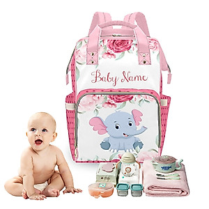 bliblisa Personalized Pink Elephant with Rose Flower Customized Diaper Bag with Name Shoulder Daypack Backpack Gift for Mom Girl
