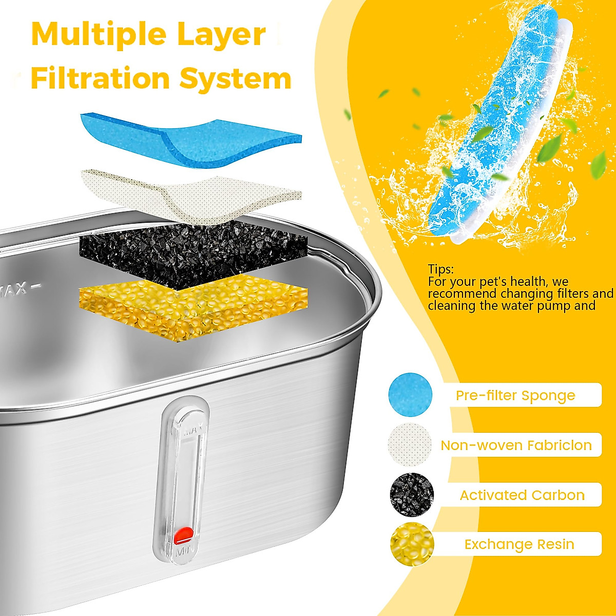 Easterville 4 PCS Replacement Filters for Stainless Steel Cat Water Fountain, Two Spout Pet Water Fountain Four Filtration Filters, 3L/101oz Dog Water Dispenser, 4 x Carbon Filter, 4 x Sponge Filter